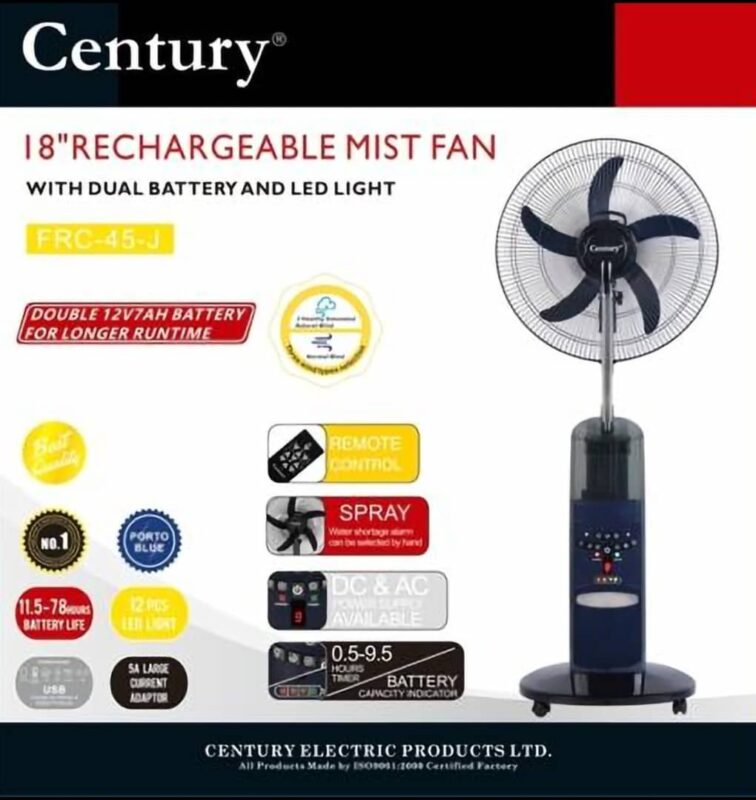 Century 18 inches Rechargeable Mist fan (Dual Battery). – Trendy ...